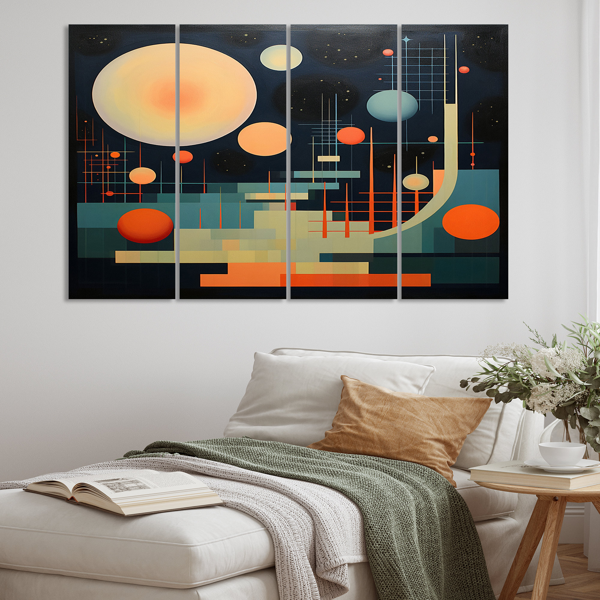 Ebern Designs Full Moon Visions Midcentury Geometric Abstract On Canvas 4 Pieces Print | Wayfair